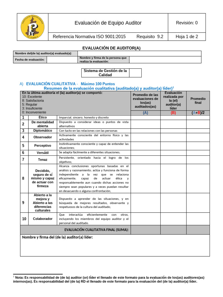 Evaluacion Equipo Auditor | PDF | Contralor | Auditoría