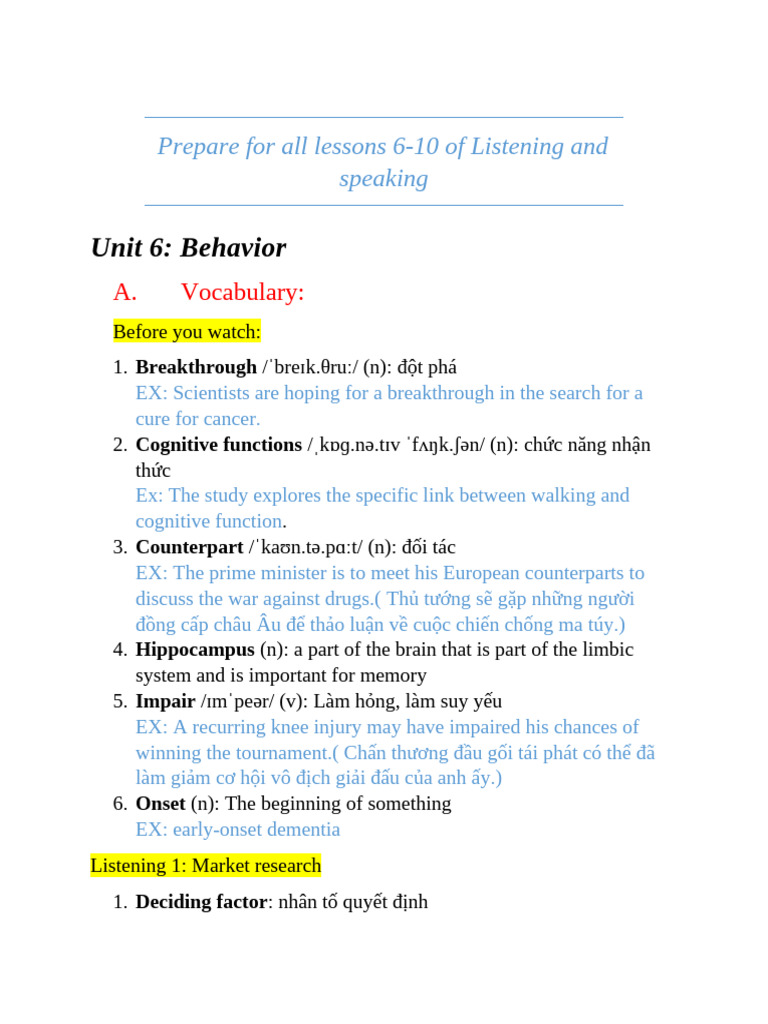 Unit 6: Behavior: Prepare For All Lessons 6-10 of Listening and ...