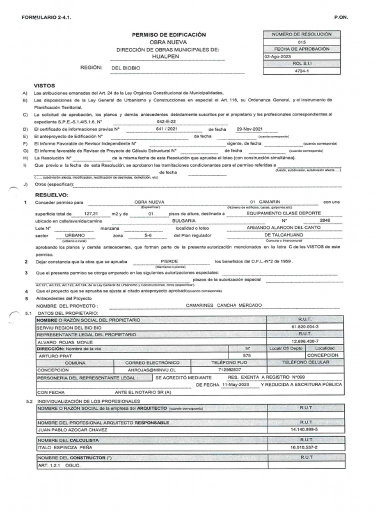Permiso Edificacion Mejoramiento Cancha El Mercado | PDF