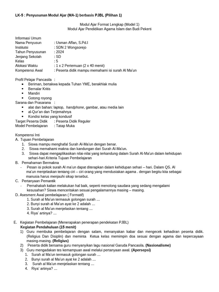 LK 5 - Modul Ajar PJBL Usman | PDF