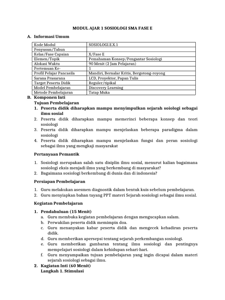 Modul Ajar Sosiologi K-X SEM 1 | PDF