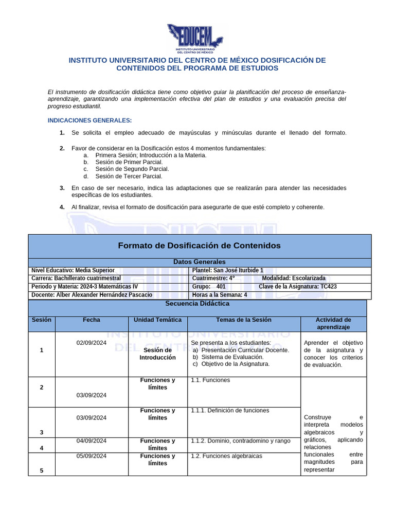 Instrumeto de Dosificacion Didáctica Tc423 Matematicas IV Hernandez ...