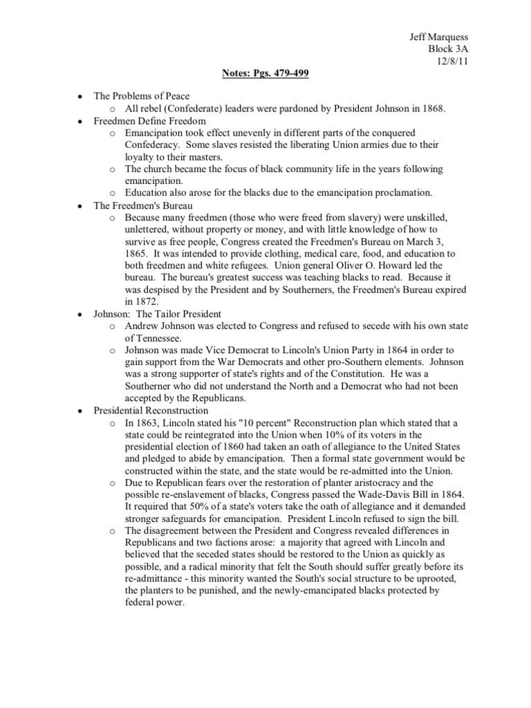 APUSH Civil War Reconstruction Notes | Reconstruction Era | Andrew Johnson
