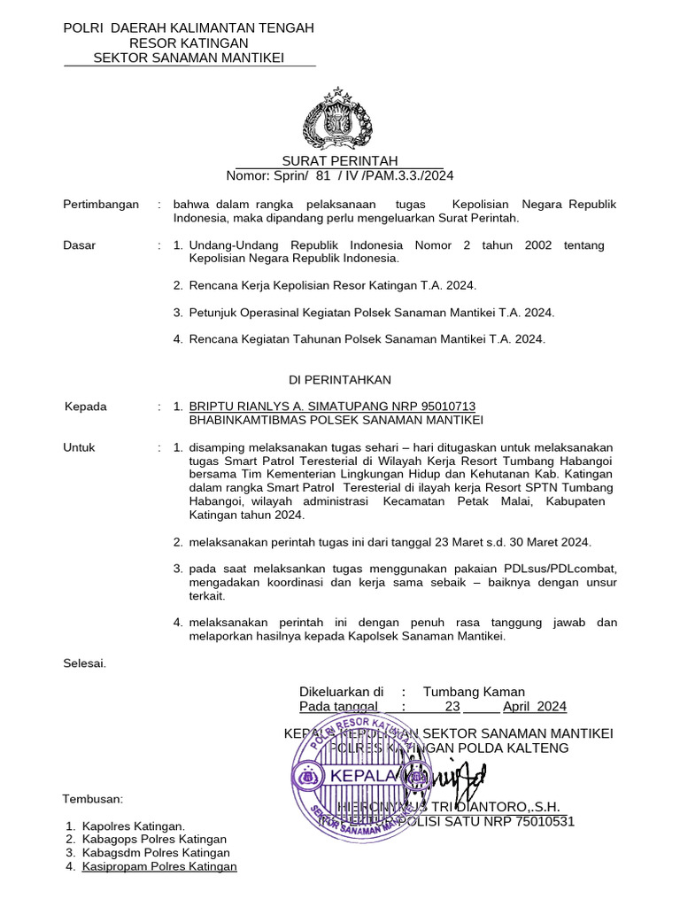 81 SPRIN PAM TIM PATROLI KAWASAN HUTAN TBG. HABANGOI APRIL 2024 | PDF