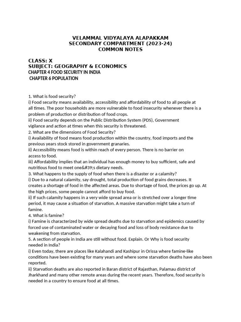 Class 9 Food Security, Population Common Notes | PDF