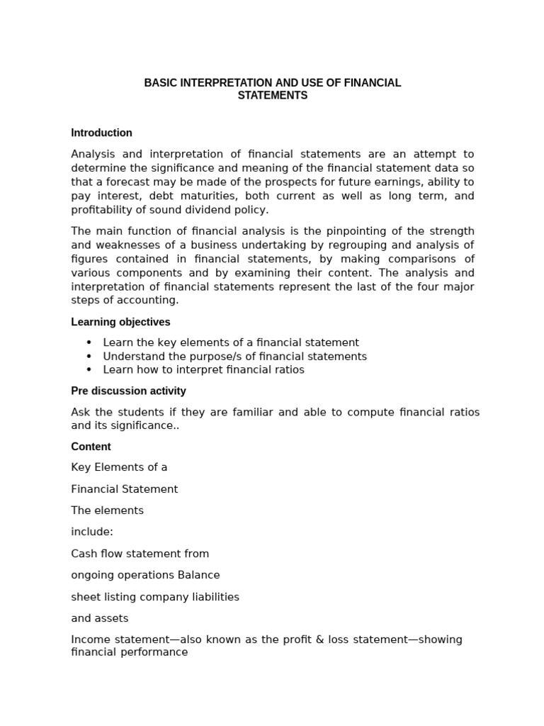 Lecture 3 BASIC INTERPRETATION AND USE OF FINANCIAL STATEMENTS | PDF