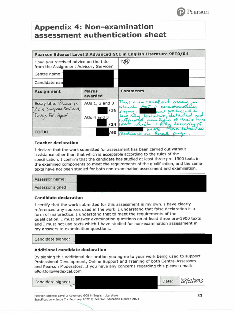Non Examination Assessment For Pearson | PDF