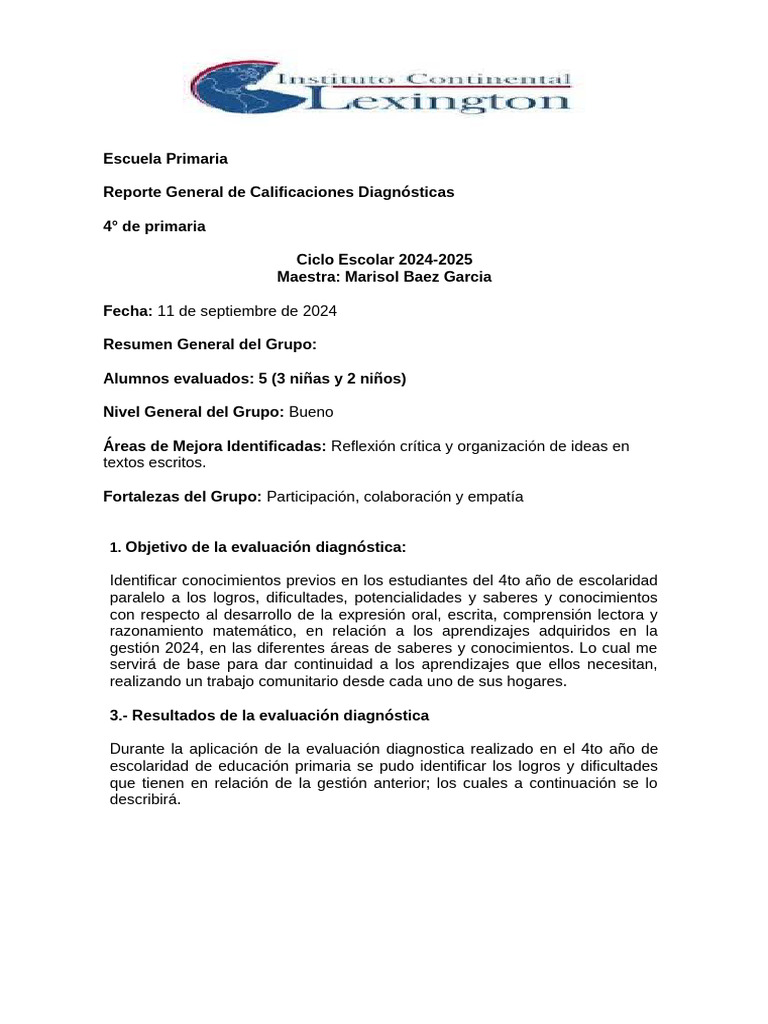 Evaluación Diagnostica 4 Primaria | PDF