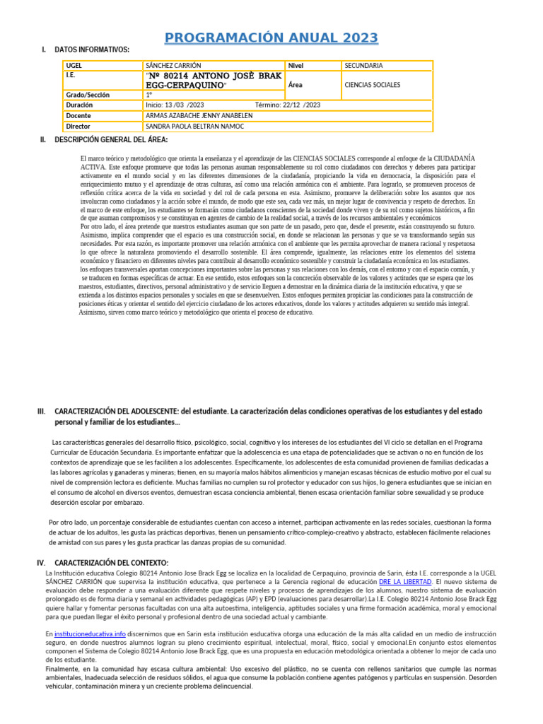 Programación Anual 2023 1° Grado - CC - SS | PDF
