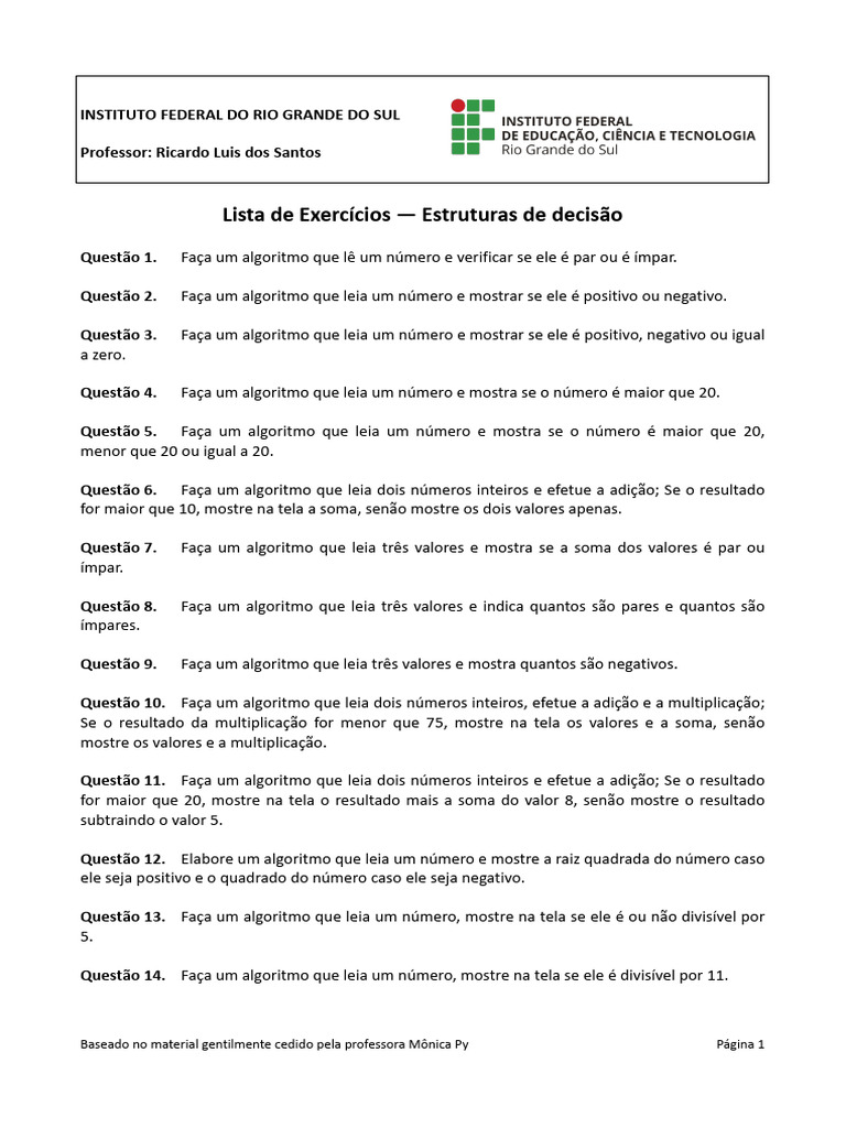Lista 2 1 - Algoritmos Estruturas de Decisão | PDF