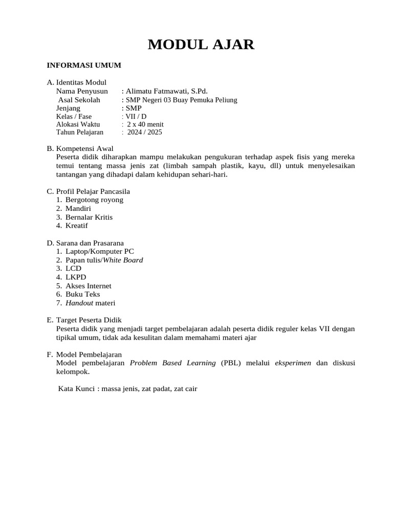 Modul Ajar Massa Jenis PBL | PDF
