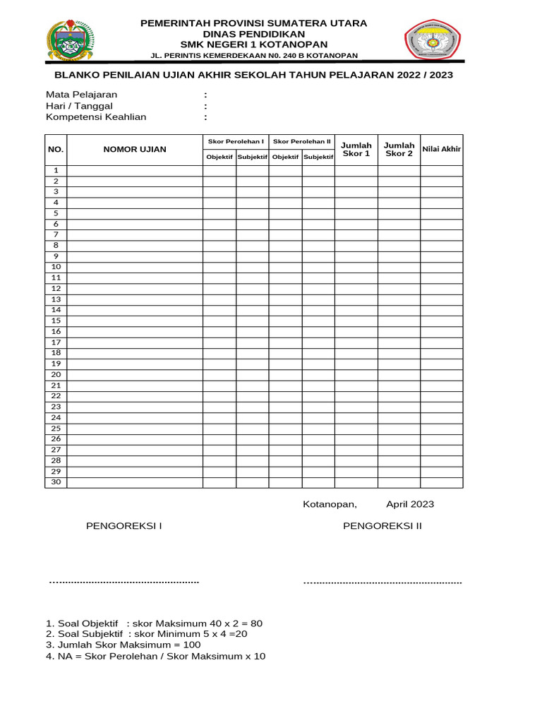 Blanko Nilai Uas | PDF