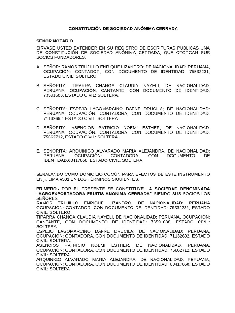 MINUTA Acta de CONSTITUCION DE EMPRESA SOCIEDAD ANONIMA CERRADA | PDF