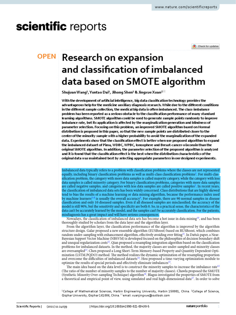 2021 Research On Expansion and Classifcation of Imbalanced Data Based On SMOTE Algorithm | PDF