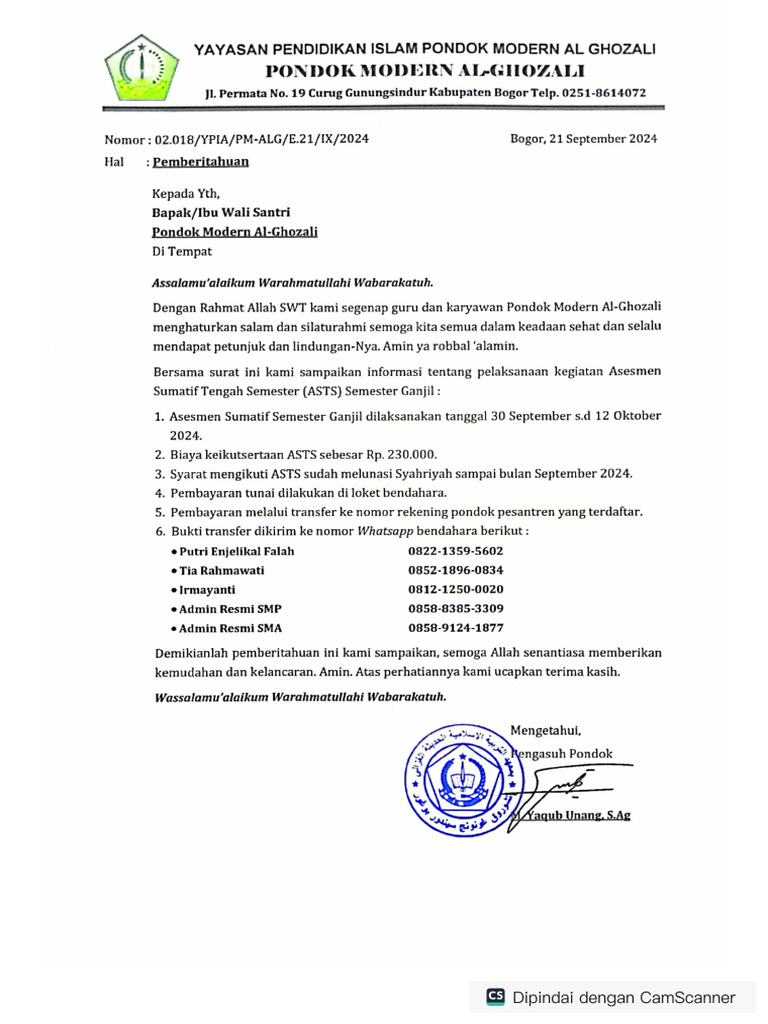Surat Edaran Pembayaran PTS Ganjil SMP-SMA Mukim 2024-2025 | PDF