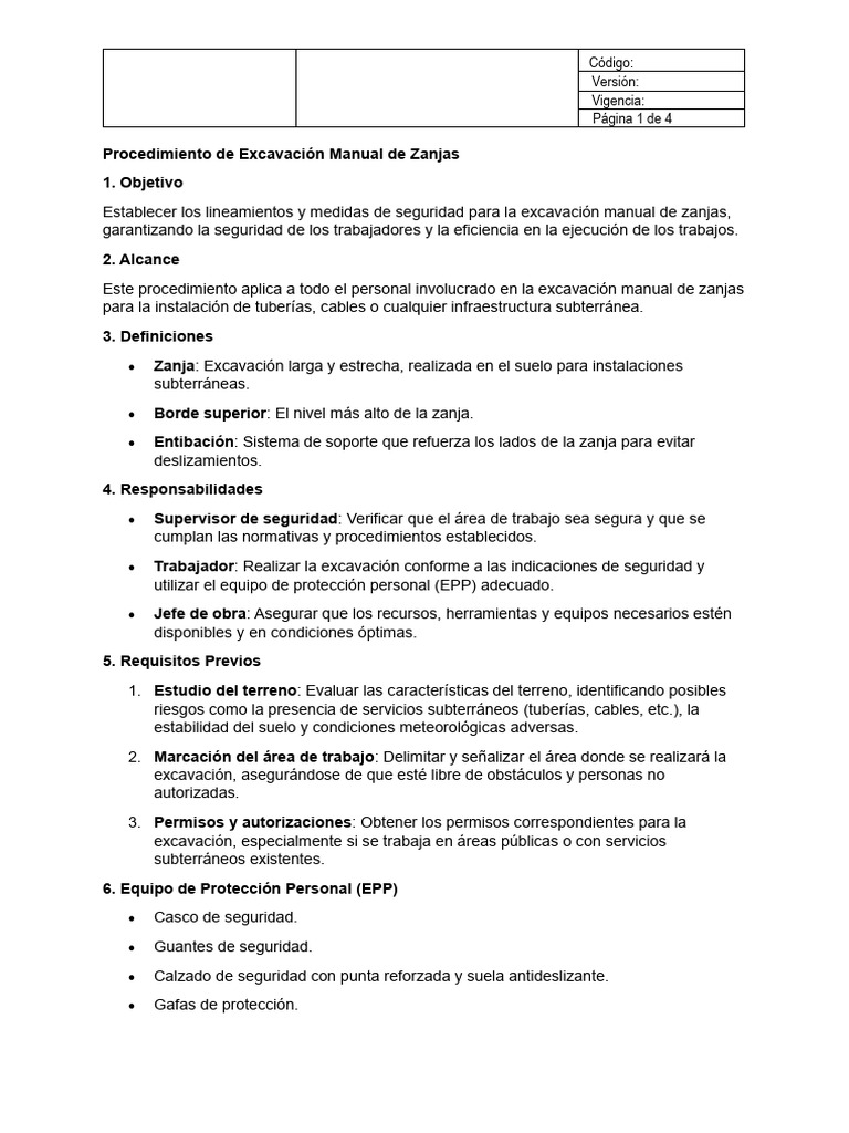 Procedimiento de Excavación Manual de Zanjas | PDF