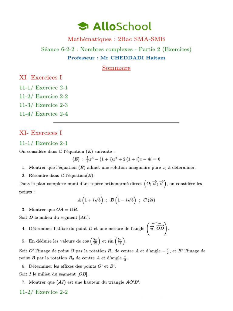 Seance 6 2 2 Nombres Complexes Partie 2 Exercices 2 | PDF