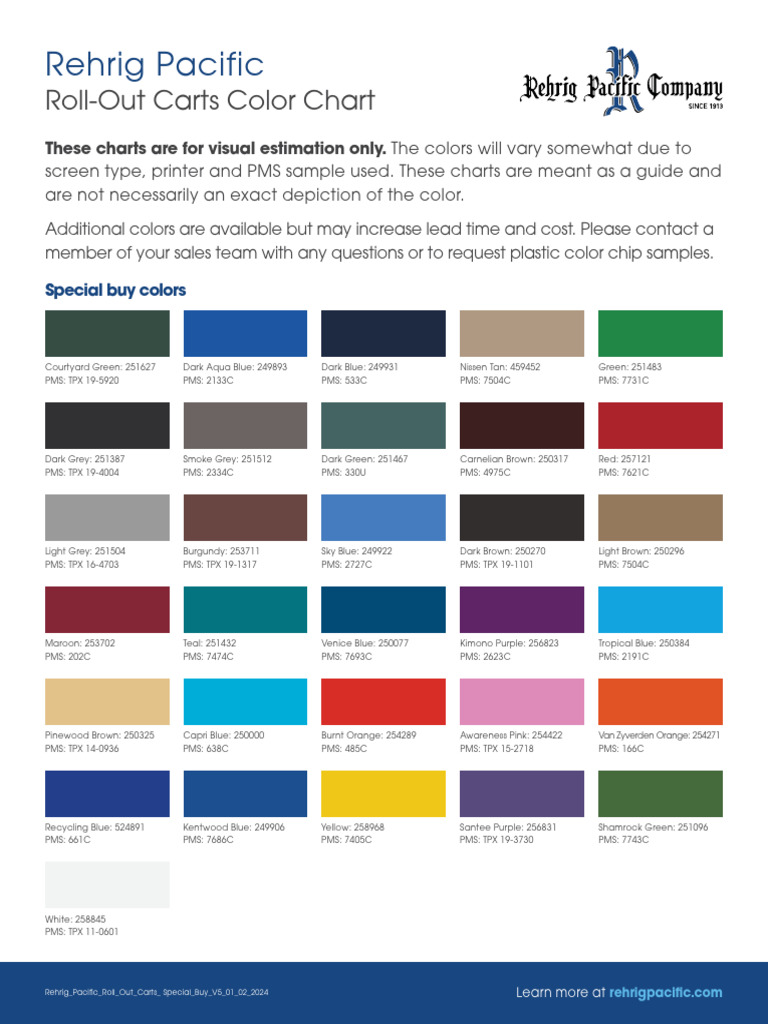 Rehrig Pacific Roll Out Carts Color Chart Special Buy | PDF