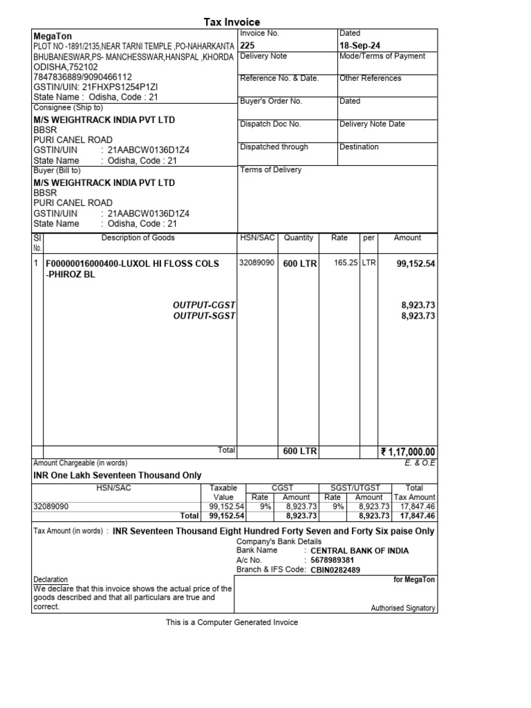 Tax Invoice: Output-Cgst Output-Sgst | PDF