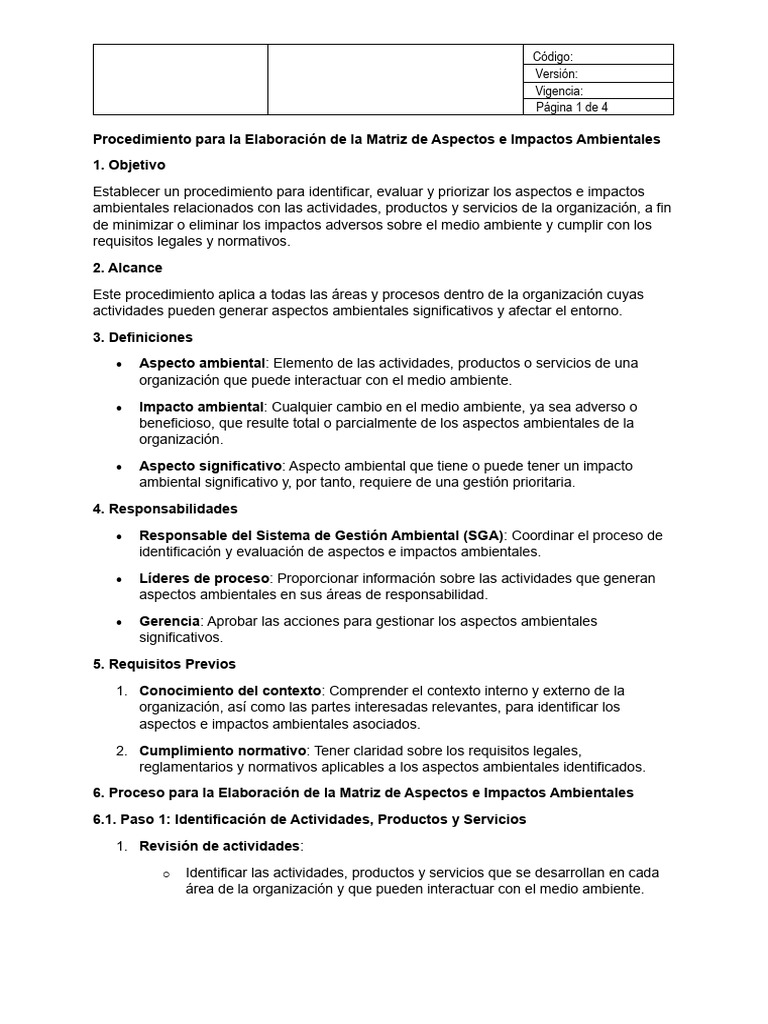Procedimiento para La Elaboración de La Matriz de Aspectos e Impactos Ambientales | PDF