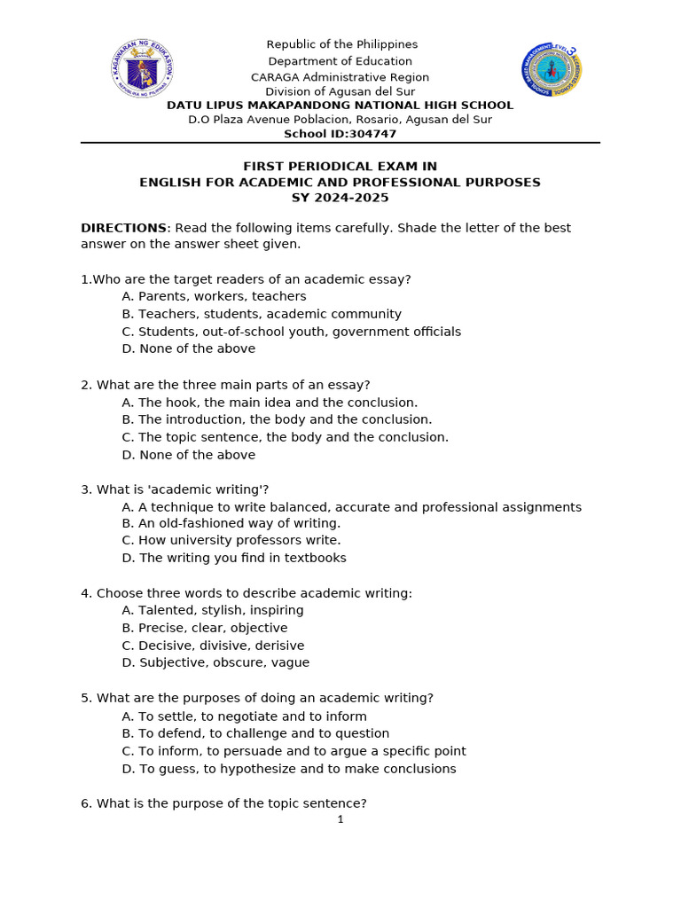 Eapp-1st Periodical Exam. (2024-25) | PDF | Plant Taxonomy | Essays