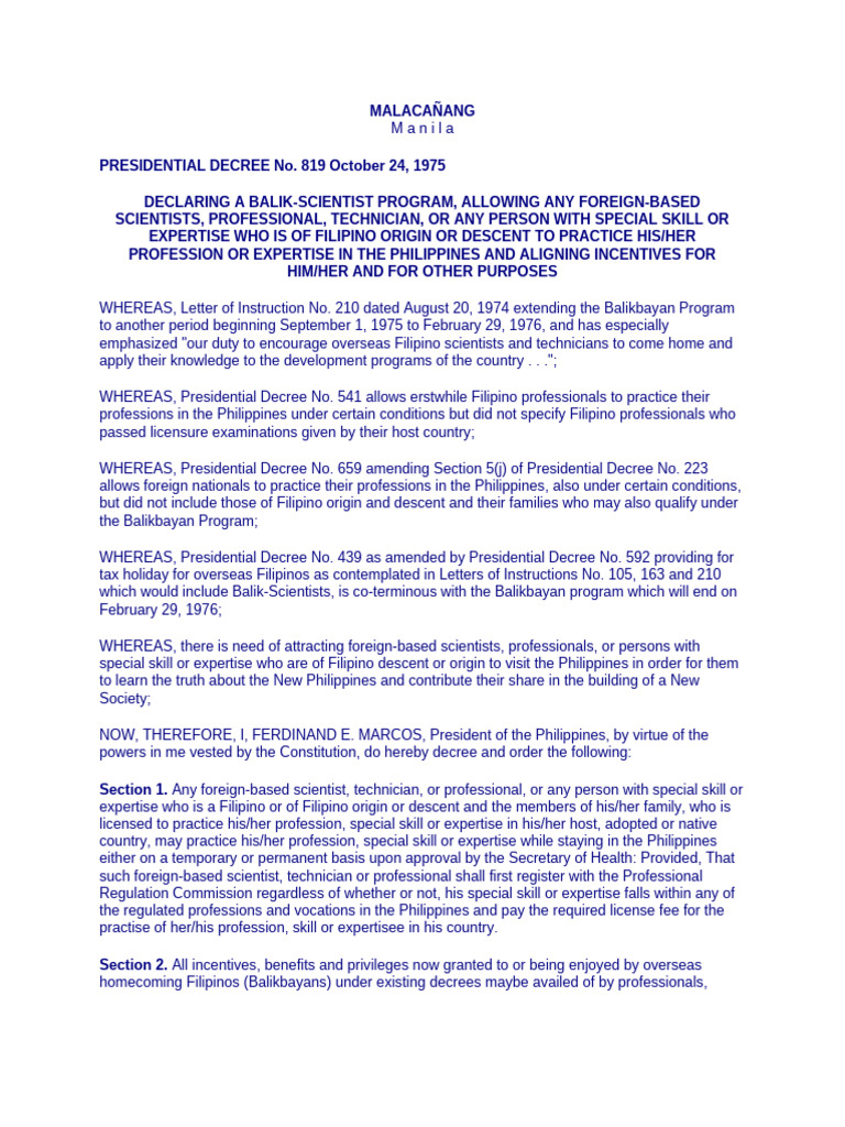 PD 819 - Balik-Scientist Program | PDF