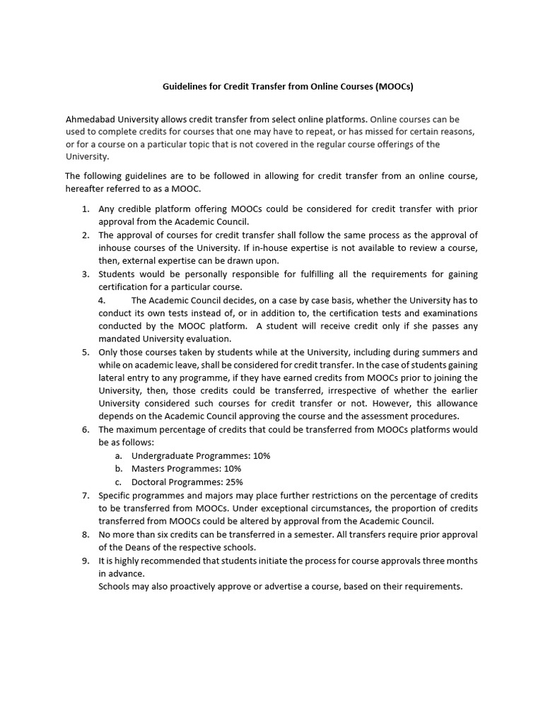 Guidelines For Credit Transfer From MOOCs - With - Procedure - v5 - 14.09.2023 | PDF | Massive ...