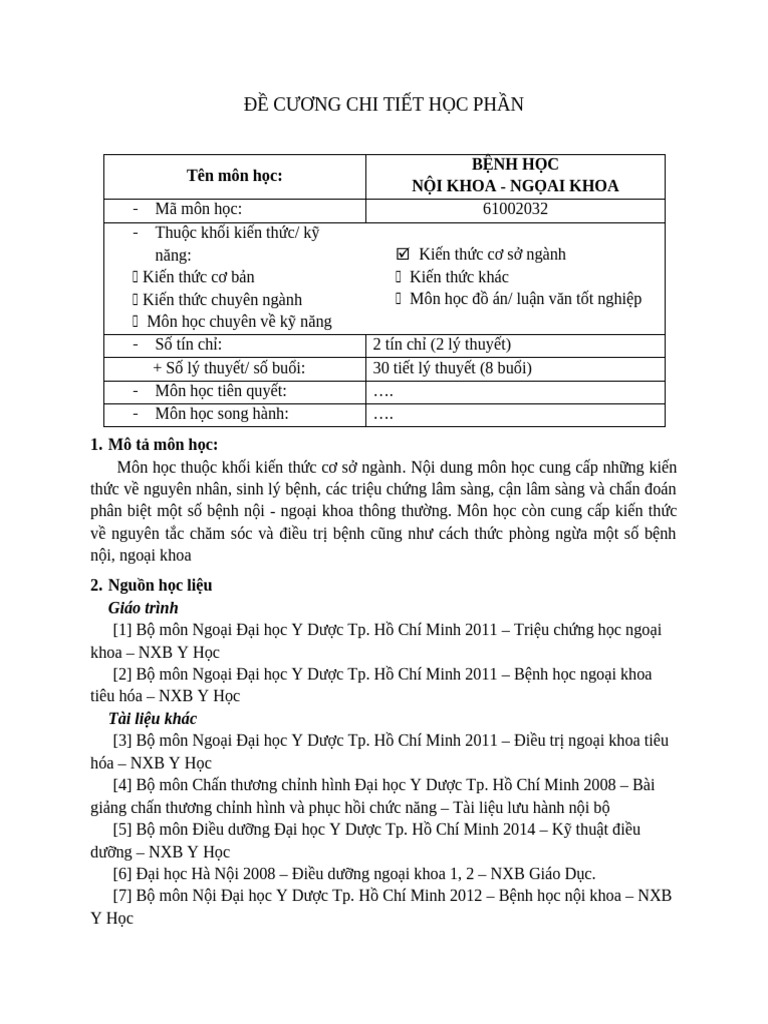 ĐCCT - BỆNH HỌC NỘI NGOẠI KHOA - HS20 - BM BHLS | PDF