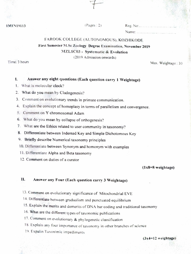 FAROOK COLLEGE (AUTONOMOUS) - KOZHIKODE First Semester M.SC Zoology Degree Examination, November ...