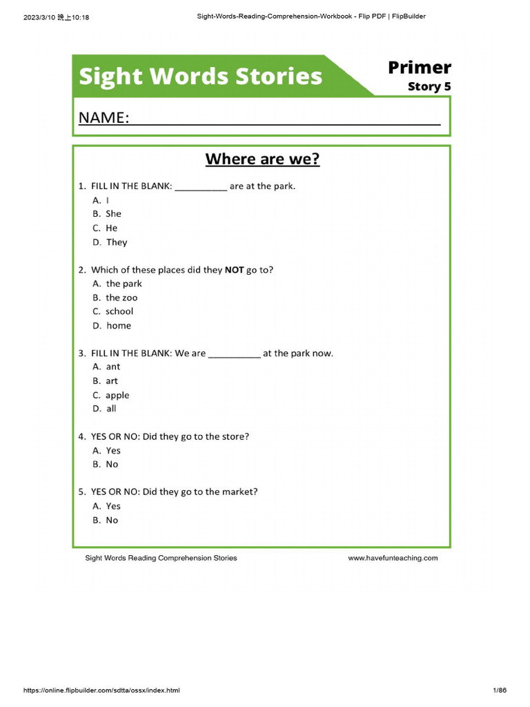 Sight Words Reading Comprehension Workbook Flip PDF - FlipBuilder | PDF
