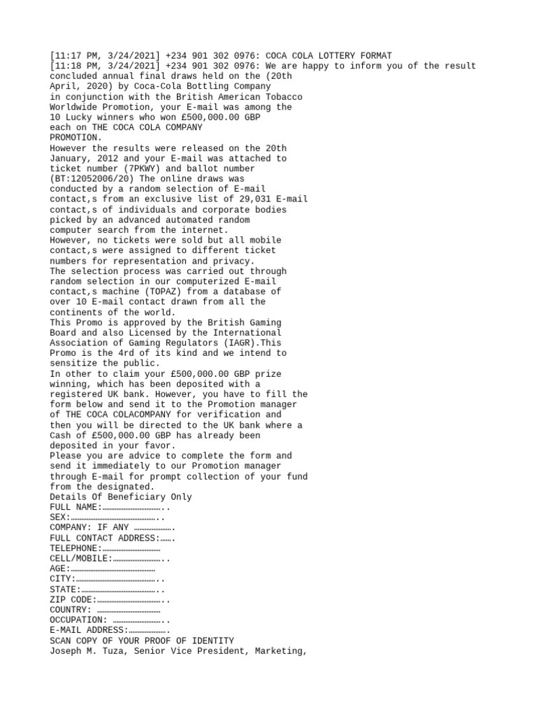 Coca Cola Lottery Format | PDF