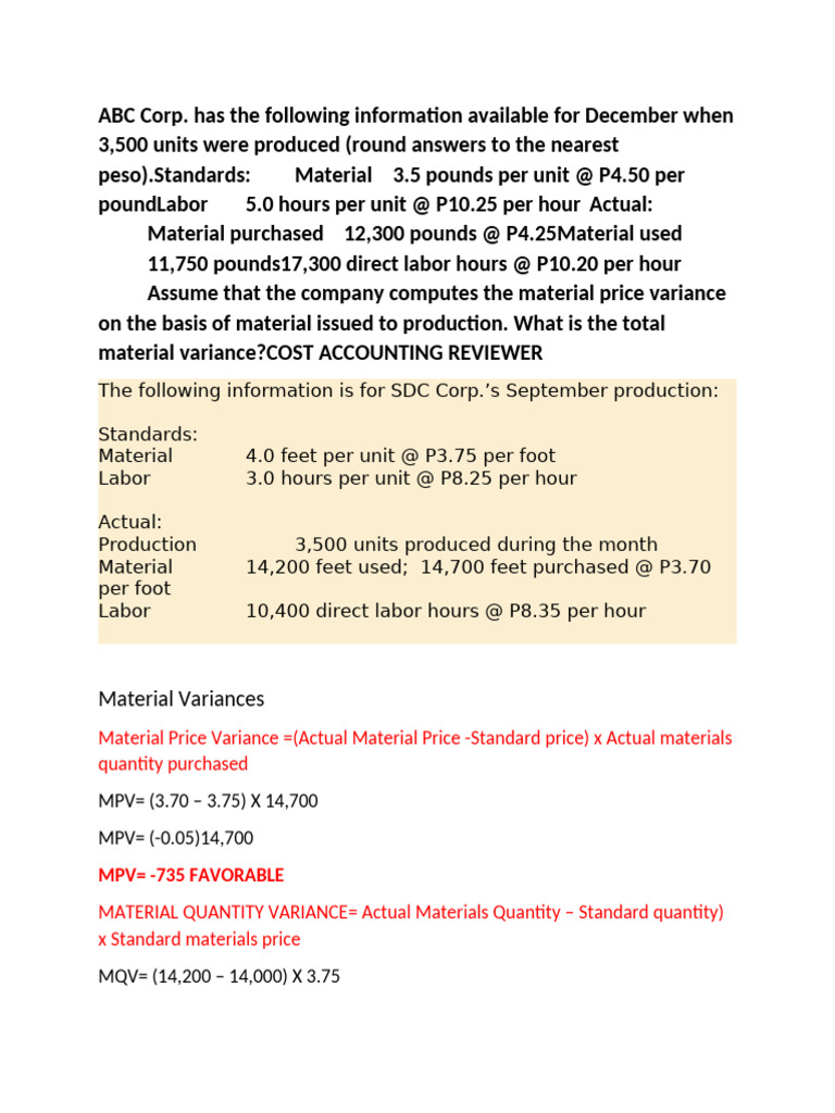 COST ACCOUNTING REVIEWER Variance | PDF