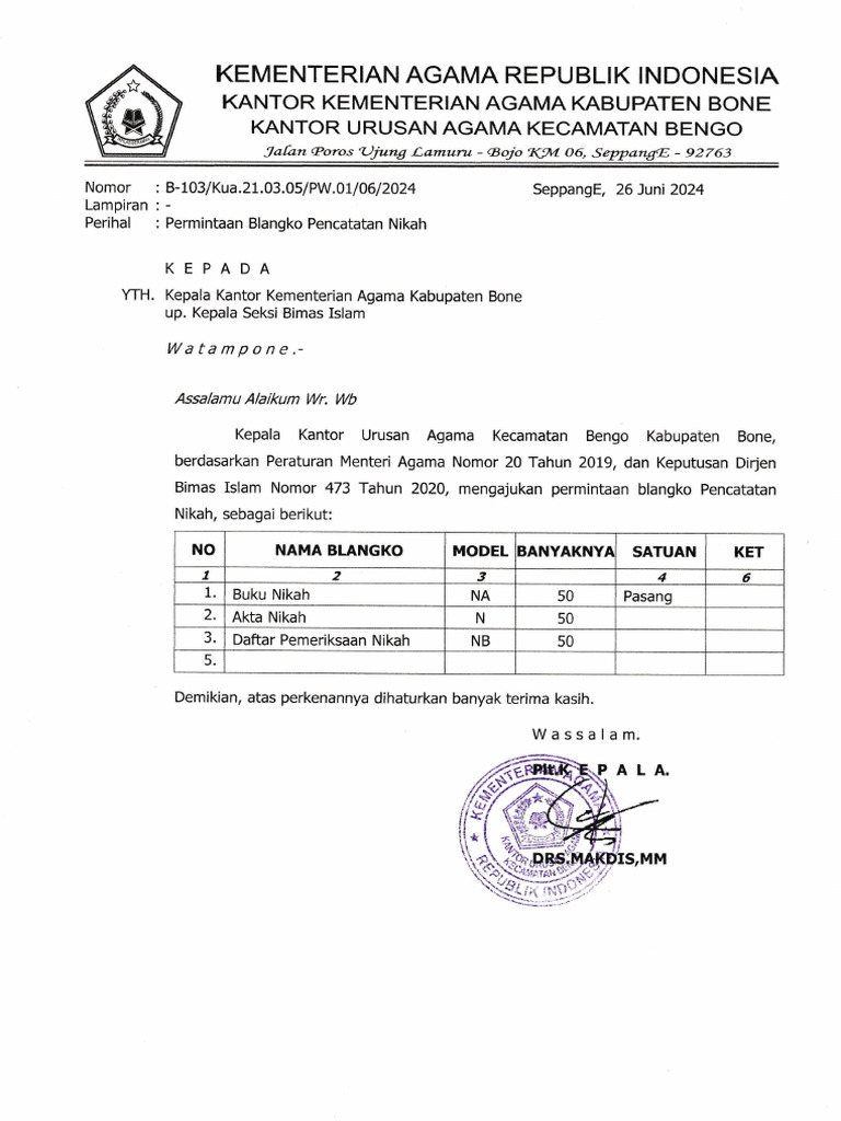 Surat Permohonan Blangko Buku Nikah_20240626_0001 | PDF
