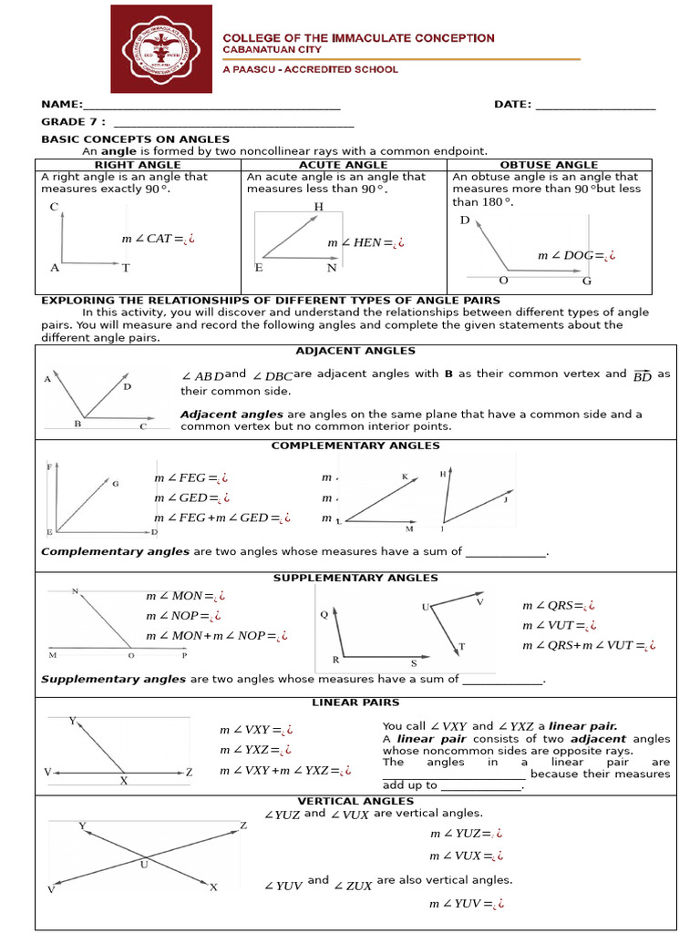 Activity#1-Angles and Angle Pairs-Revised | PDF | Angle | Combinatorics