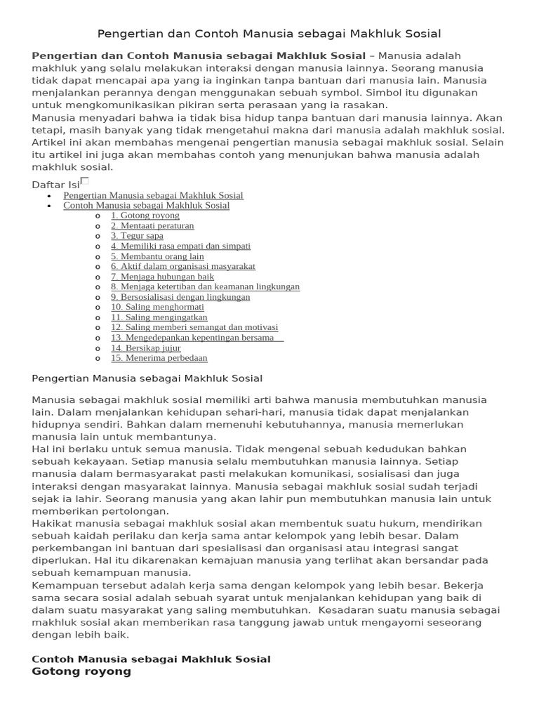 Pengertian Dan Contoh Manusia Sebagai Makhluk Sosial | PDF