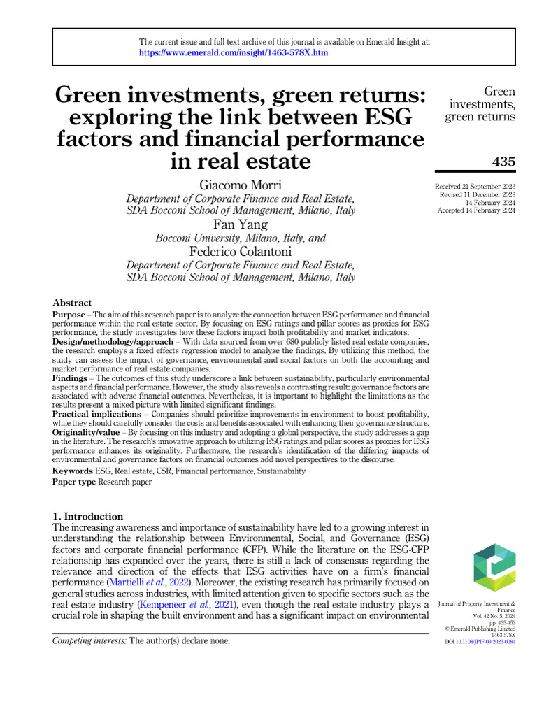 Green Investments, Green Returns Exploring The Link Between ESG and Fin ...