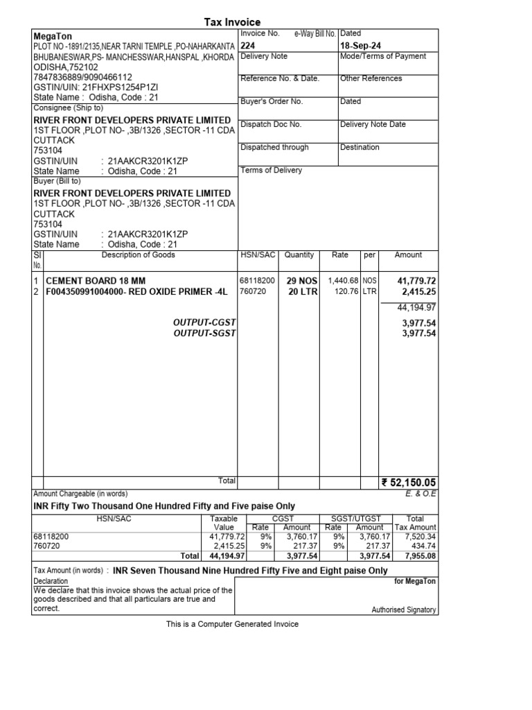 Tax Invoice: Output-Cgst Output-Sgst | PDF