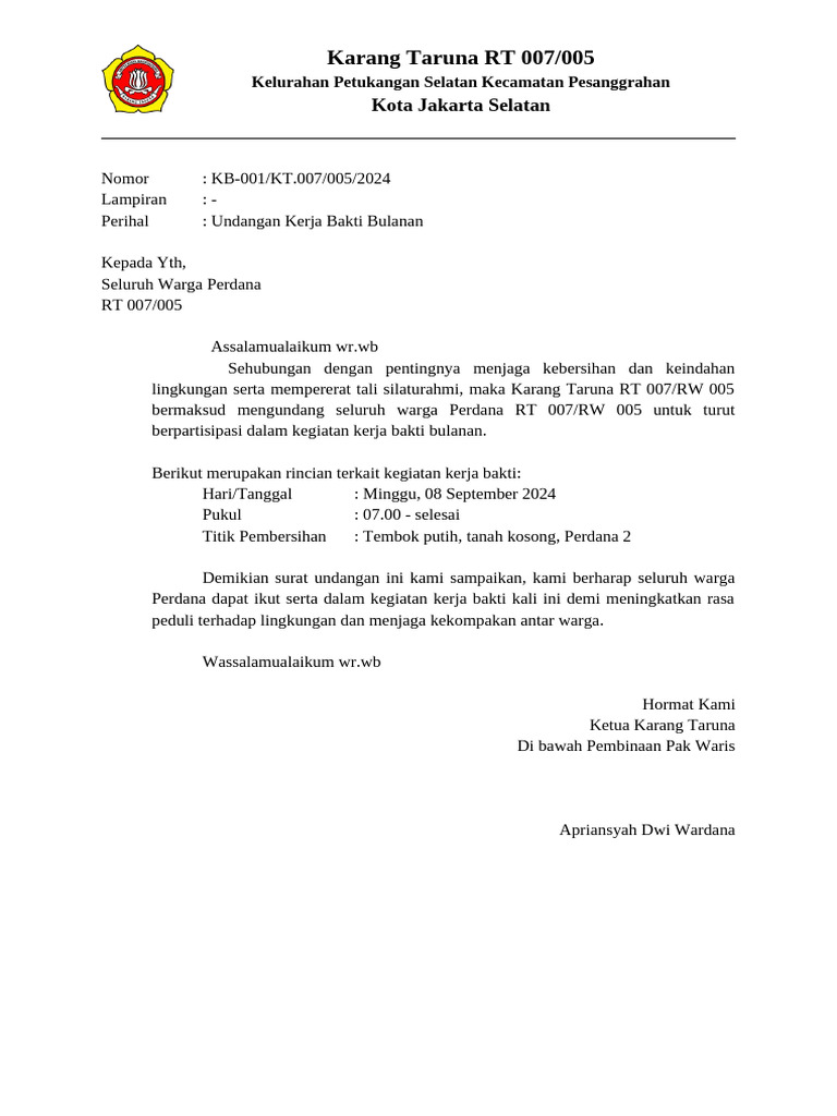 Surat Undangan Kerja Bakti 001 Karang Taruna RT 007-1 | PDF