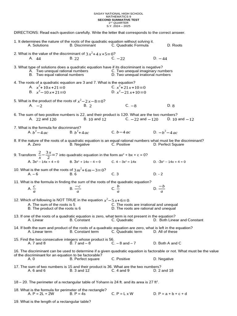 2nd Summative Test MATH 9 Q1 | PDF | Quadratic Equation | Numbers