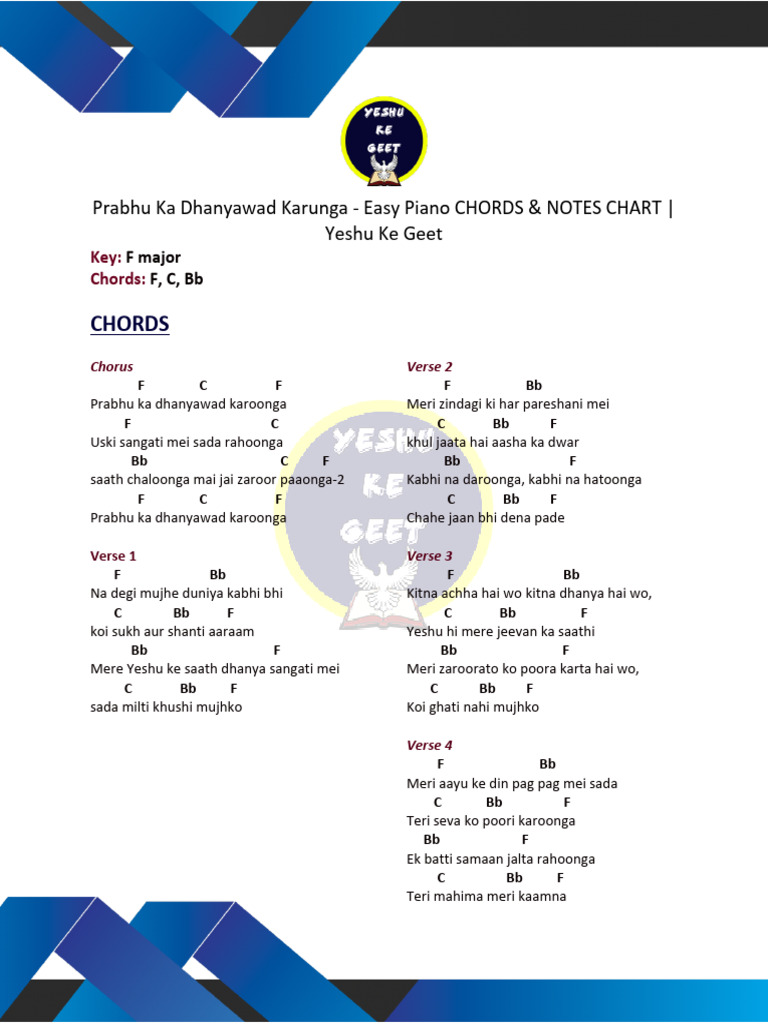 Prabhu Ka Dhanyawad Karunga - Easy Piano CHORDS & NOTES CHART - Yeshu ...