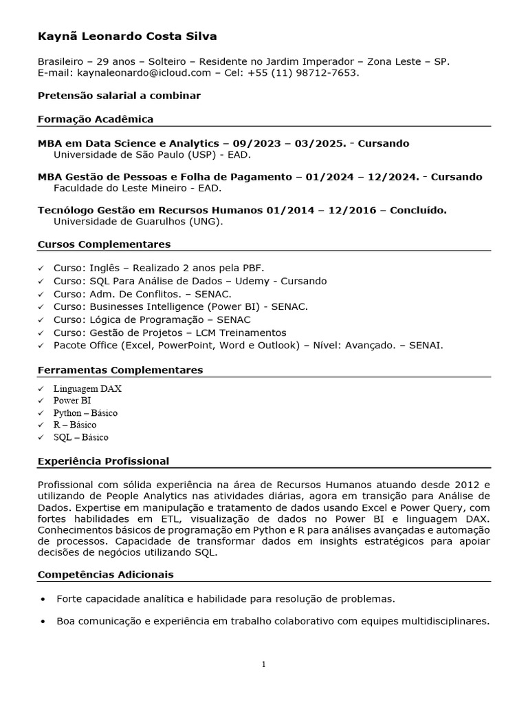 CV Analise Dados - Kaynã Leonardo | PDF