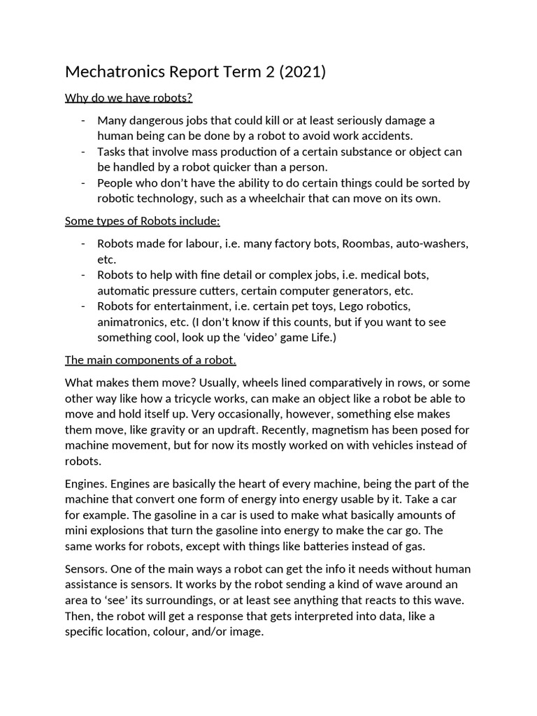 Mechatronics Report Term 2 (2021) | PDF | Robot | Games & Activities
