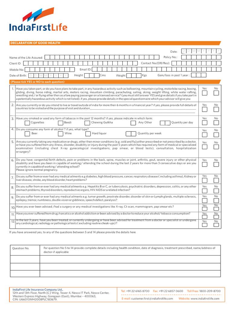 Declaration of Good Health DGH Individual - Pdf.coredownload - Inline ...