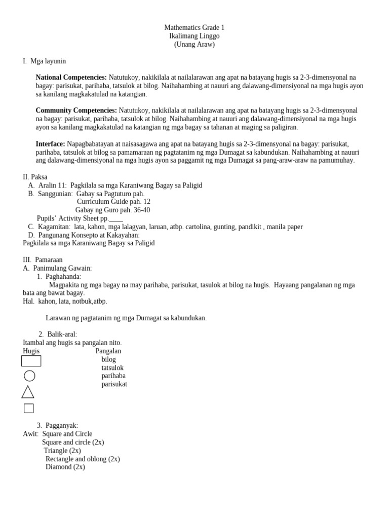 IPED Lesson Plan Math Grade 1 3rd Quarter Week 5 | PDF