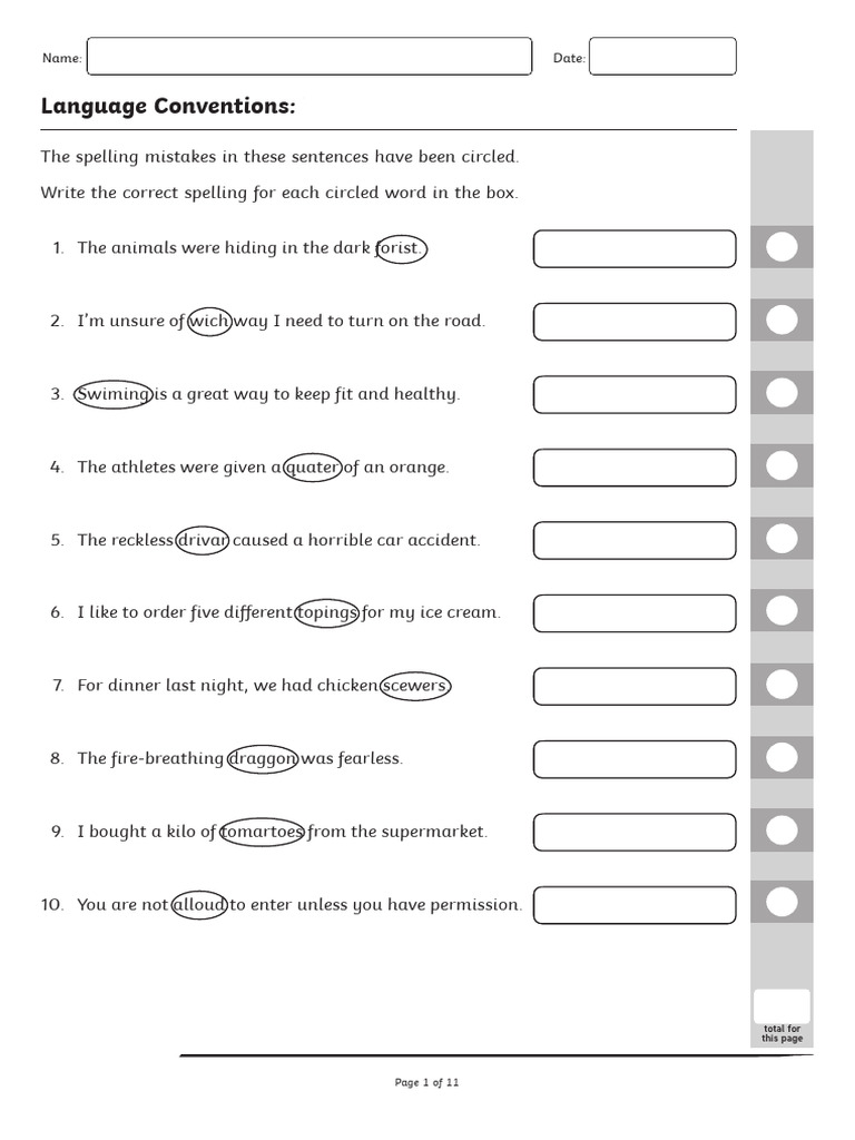 Language Conventions: Year 5 Set One Sample Test: Name: Date | PDF