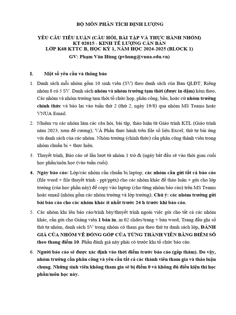 Yêu Cầu Tiểu Luận Và Bai Tap - KTL CB - Lop K68 KTTC B - Block 1 - 75 SV | PDF