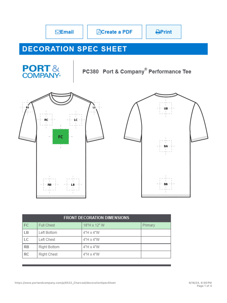 Decoration Spec Sheet - Port & Company | PDF