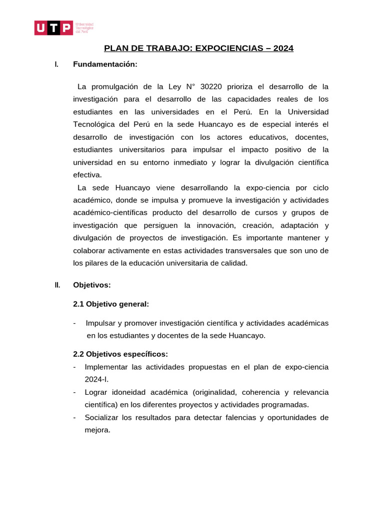 PLAN DE TRABAJO - EXPOCIENCIAS Final | PDF | Matemáticas | Ingeniería
