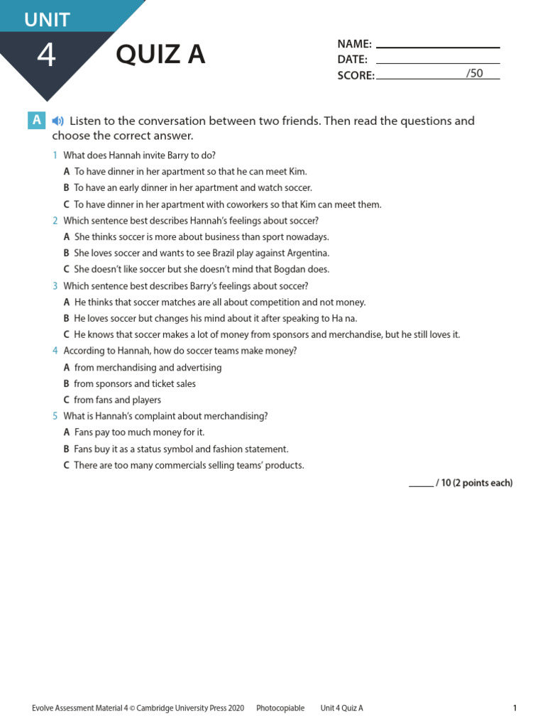 Evolve - L4 - Unit 4 Quiz - A | PDF