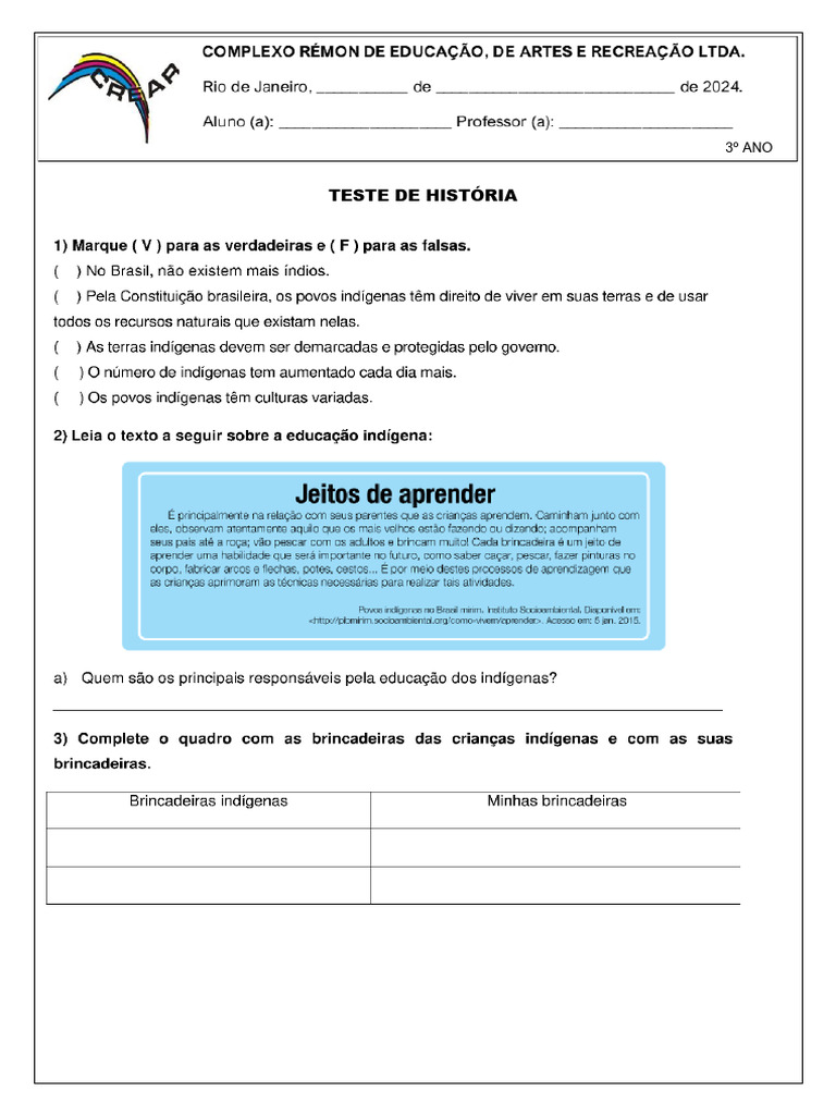 Teste de História - 3º Ano - 3º Bimestre @ | PDF